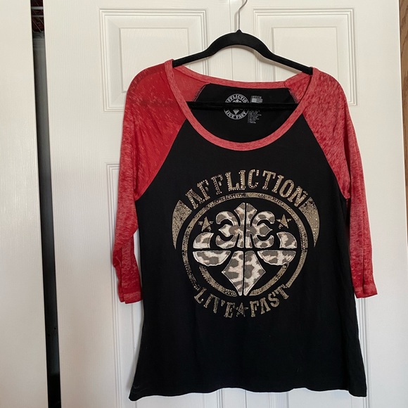 Affliction | Tops | Affliction Red And Black Baseball Style Tee | Poshmark